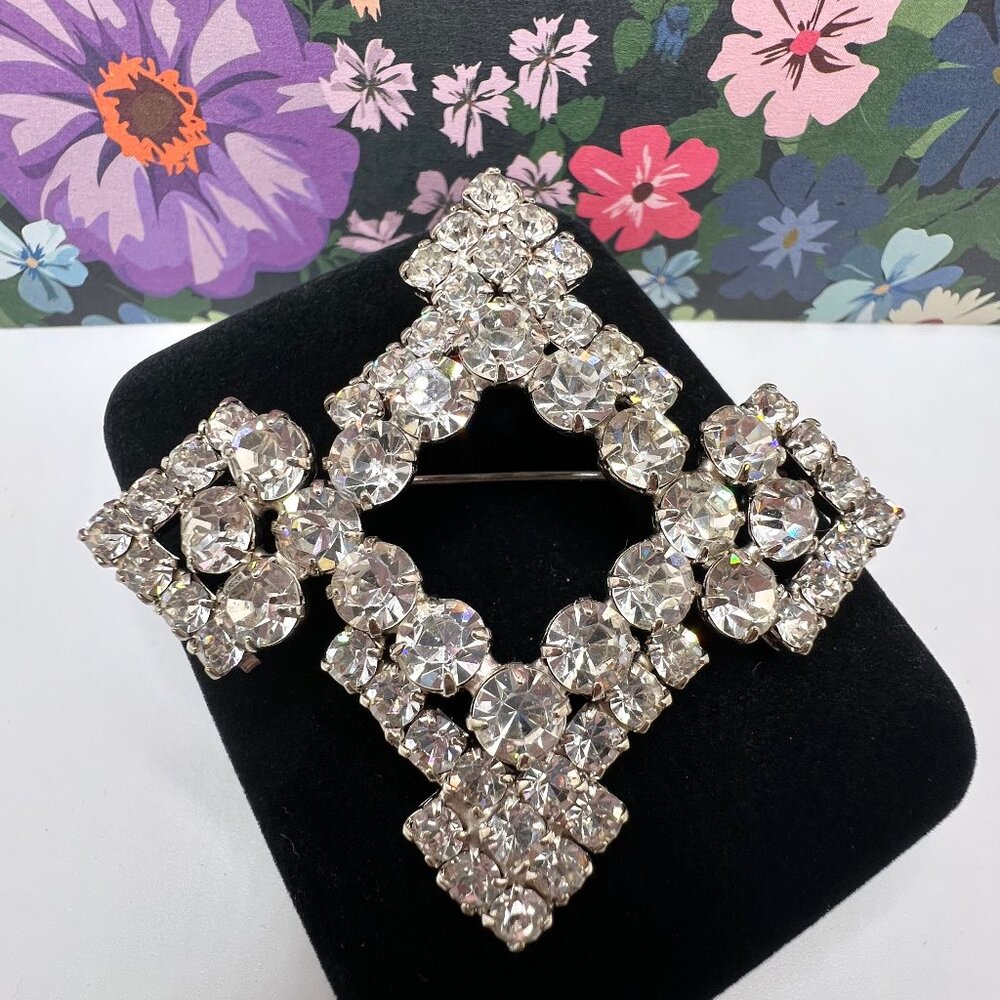 Clear Glass Crystal Open Diamond Shape Brooch - Gem